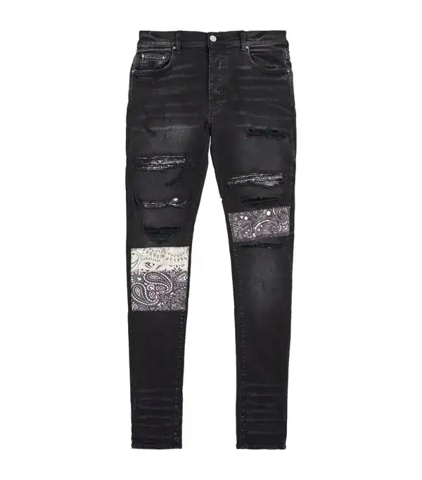 Amiri Distressed Bandana-Detail Skinny Jeans In Black 35% Off