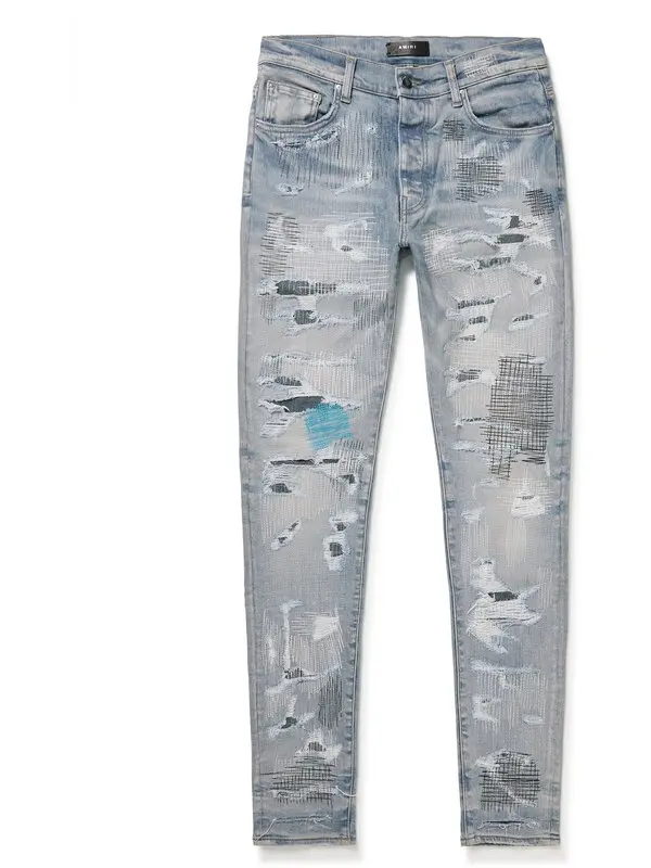 Amiri Skinny-Fit Distressed Embroidered Jeans Uk/Us 28 In Blue