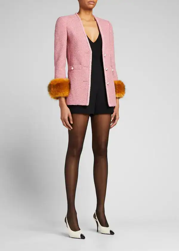 Saint Laurent Metallic Tweed Jacket W/ Faux Fur Cuffs - Rose