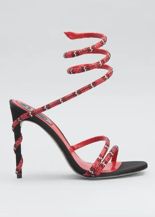 Rene Caovilla Cleo Snake-Print Strass Ankle-Wrap Sandals In Red - Main Image