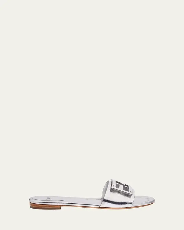 Fendi Baguette Ff Tube Metallic Medallion Flat Sandals - Silver