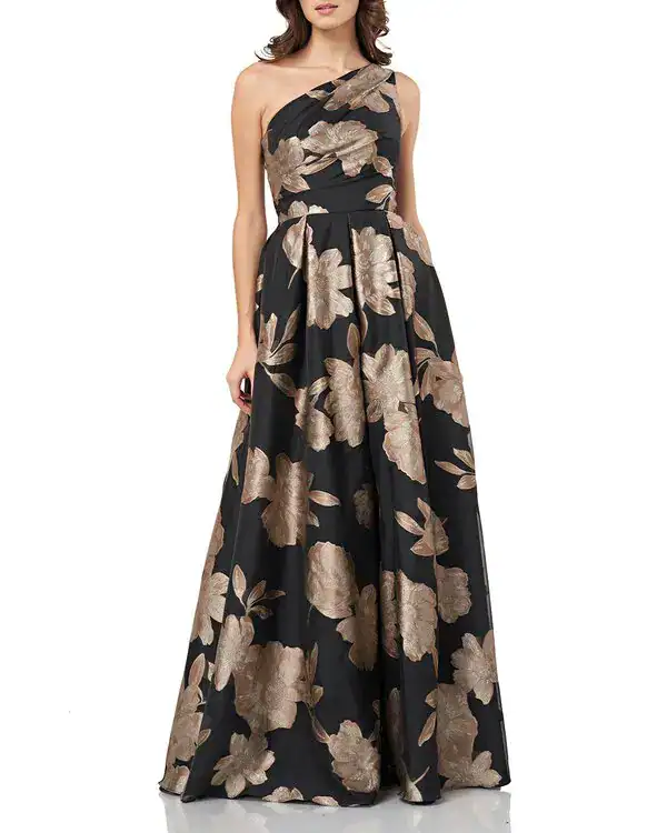 Carmen Marc Valvo One-Shoulder Floral Jacquard Gown With Pleat