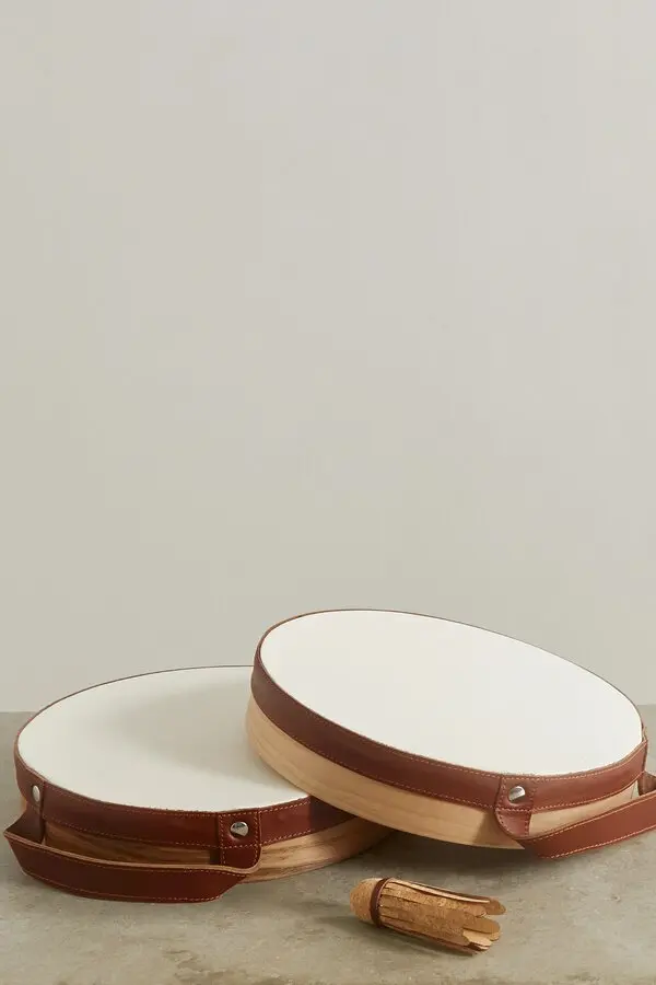 Brunello Cucinelli Walnut Wood, Leather And Cork Tamburello Set