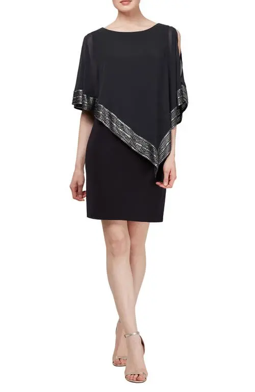 SL FASHIONS Foil Trim Asymmetrical Capelet Sheath Dress - Black Silver