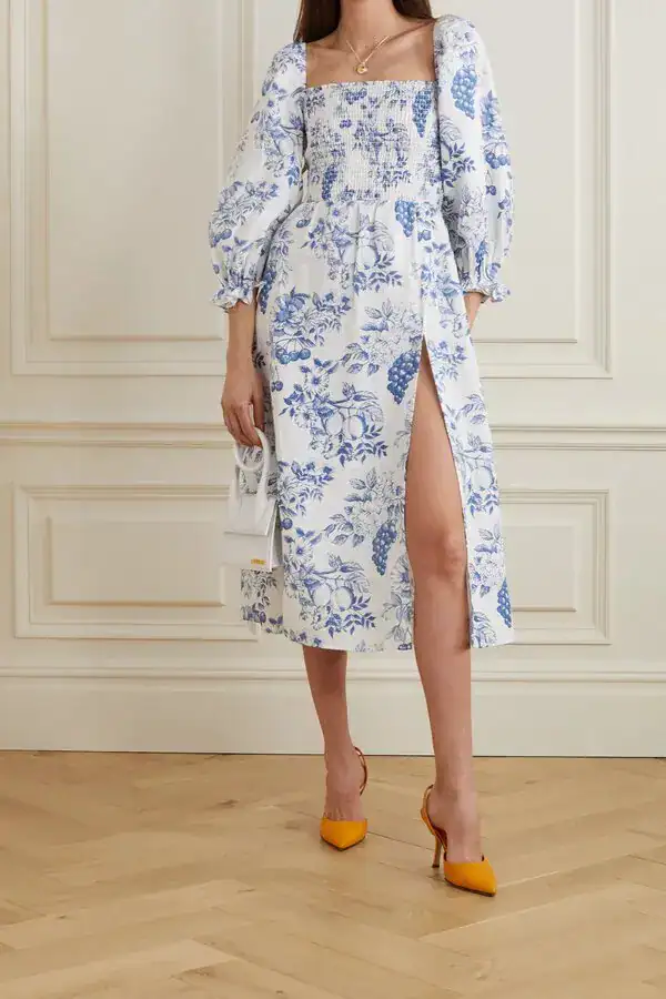 Reformation Gitane Shirred Floral-Print Linen Midi Dress - Blue |  Editorialist