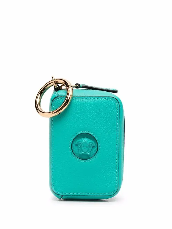 Versace Turquoise Leather Card Holder with Medusa Detail Versace Turquoise Leather Card Case with Gold Logo display picture 1