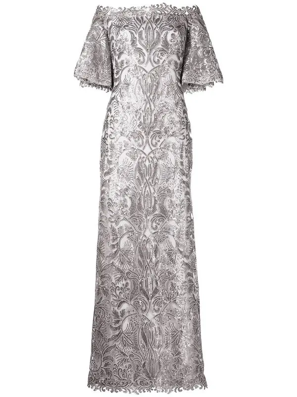 sachin and babi light blue dress Teri Jon by Rickie Freeman Metallic Gathered Off-The-Shoulder Gown main image 1