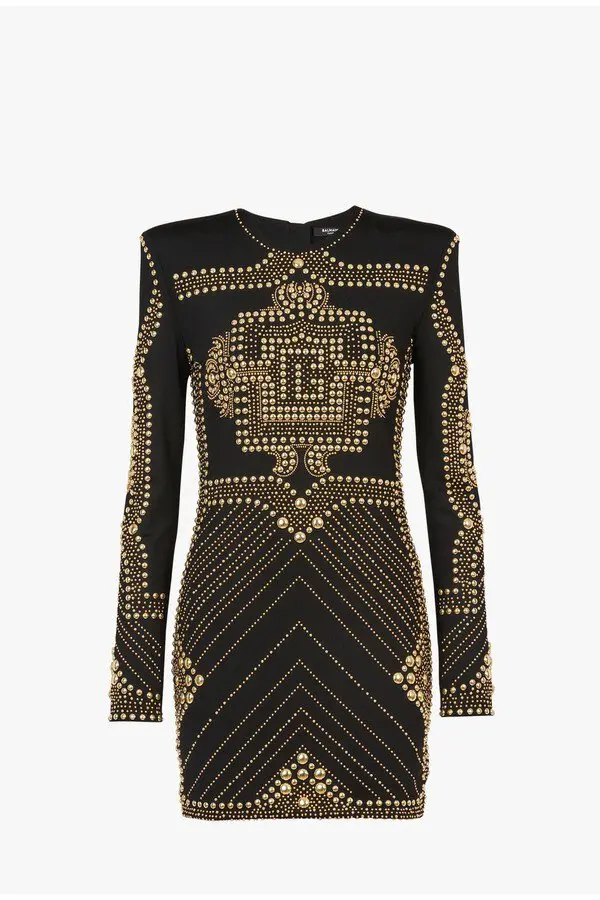 Balmain Short Dress With Embroidered Gold-Tone Studs - Black | Editorialist