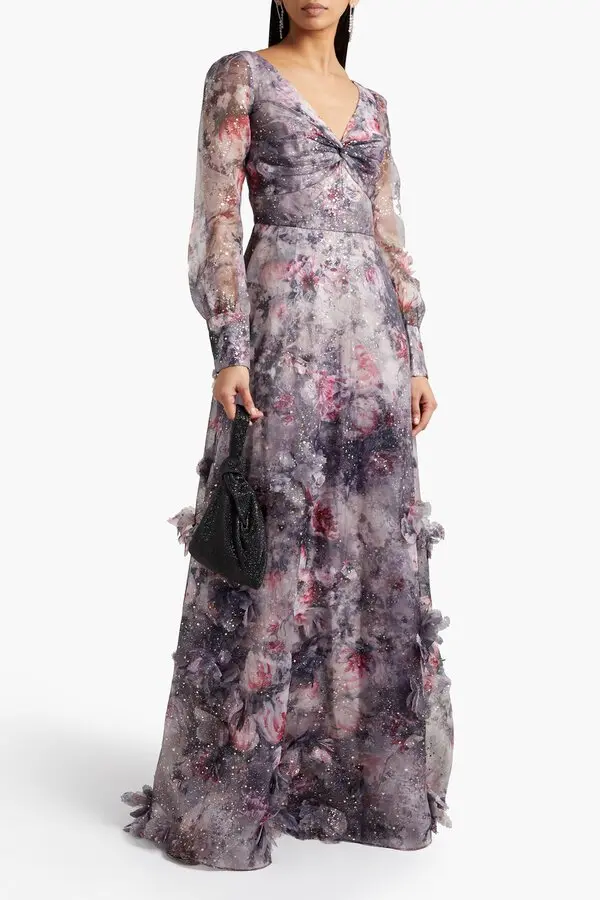 Marchesa Twisted Floral-appliquéd Printed Organza Gown