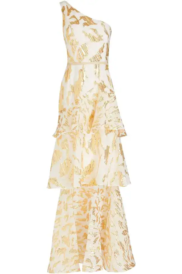 Marchesa One-Shoulder Tiered Brocade Gown In Ivory - 85% Off | Editorialist
