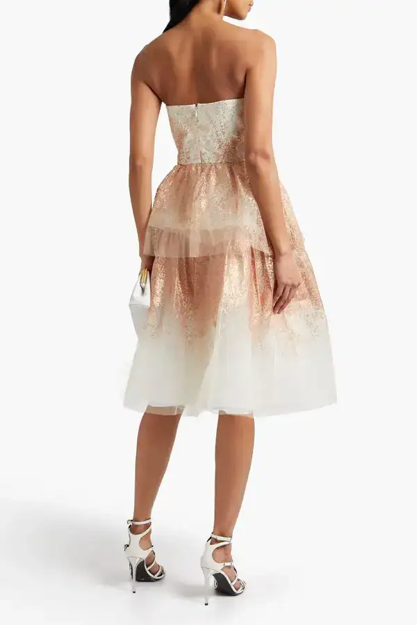 Marchesa Strapless Tiered Glittered Tulle Midi Dress In Ivory - 75% Off |  Editorialist