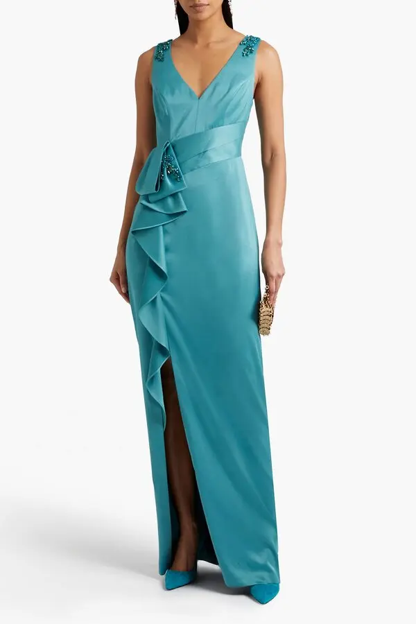 Marchesa Embellished Ruffled Satin-crepe Gown - Teal