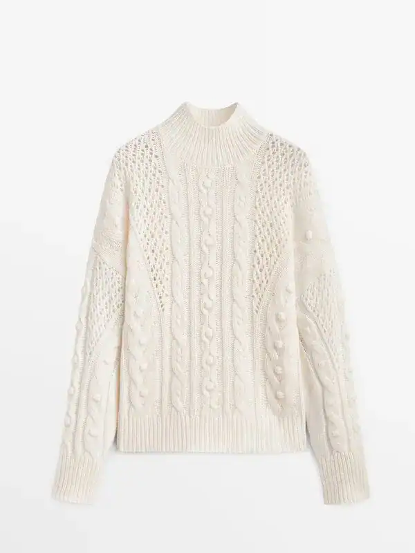 Massimo Dutti Open-Cable-Knit Sweater With Mock Turtleneck In