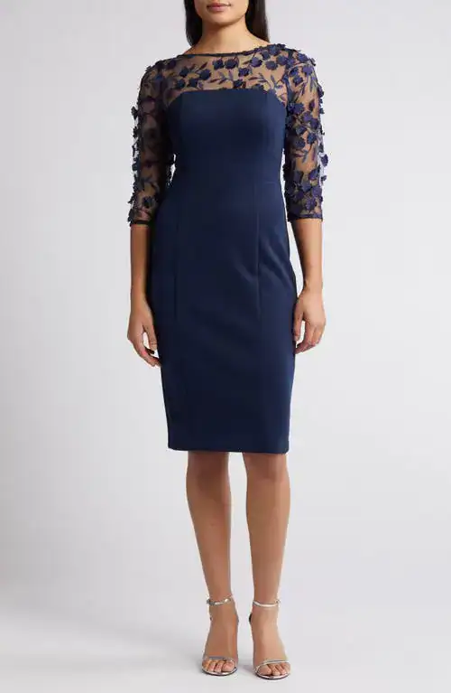 Eliza J Scuba Crepe Sheath Dress With Lace Sleeves Navy