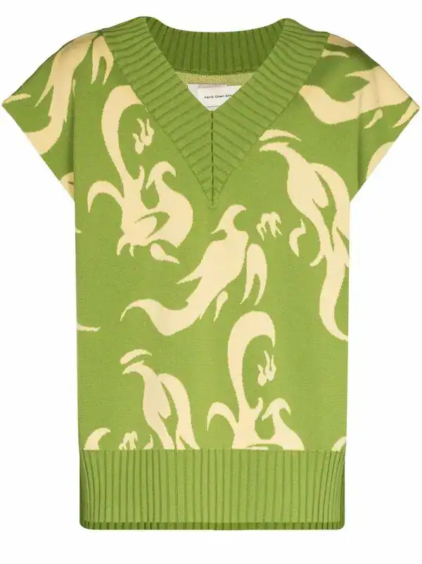 Feng Chen Wang Phoenix Wool V-Neck Knitted Vest In Green - 66% Off 