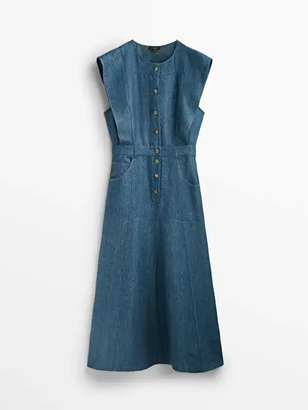 Massimo Dutti Long Linen Denim Style Dress - Medium Blue | Editorialist