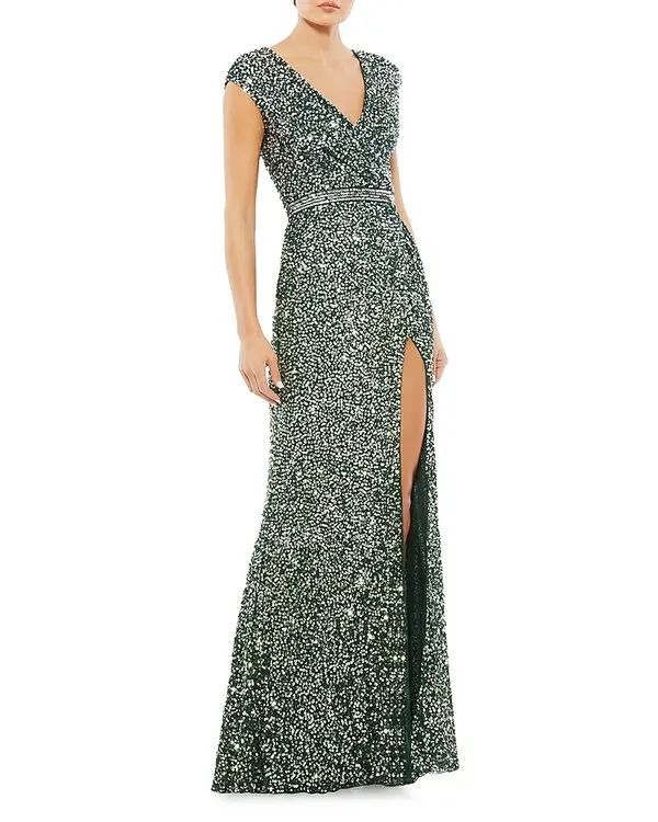 Mac Duggal Cap Sleeve Sequin Gown - Forest Green
