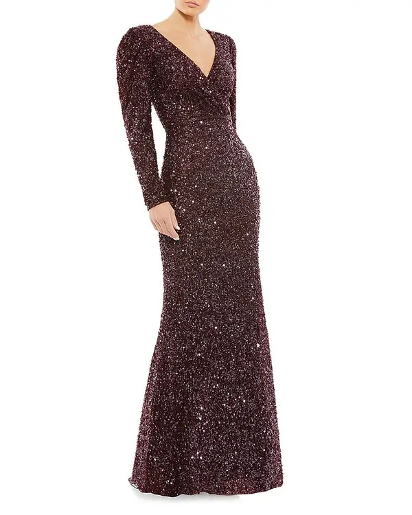 Mac Duggal Sequin Faux Wrap Gown - Mahogany