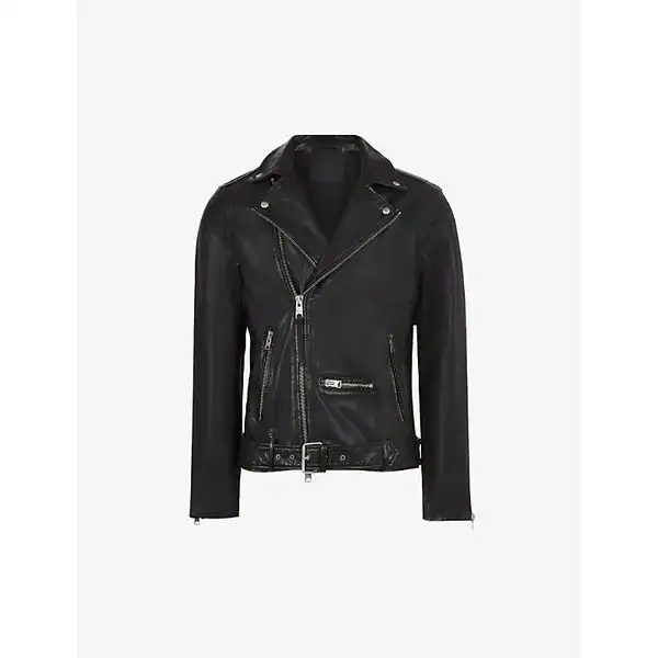 All Saints Wick Leather Biker Jacket L Black Editorialist