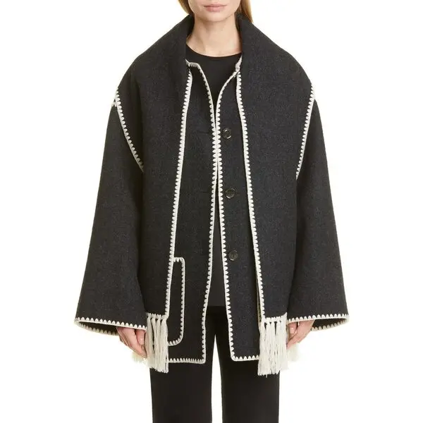 TOTÊME Chain Stitch Wool-blend Jacket With Scarf - Dark Grey Melange