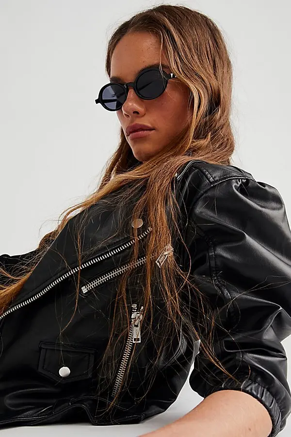 Free People Black Oval Sunglasses with Gold Accents - Black Lenses Vintage Sean Small Round Sunglasses | Free People main image 2