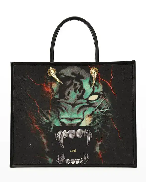 Roberto Cavalli Tiger-Print Shopping Tote Bag In Nero 40% Off