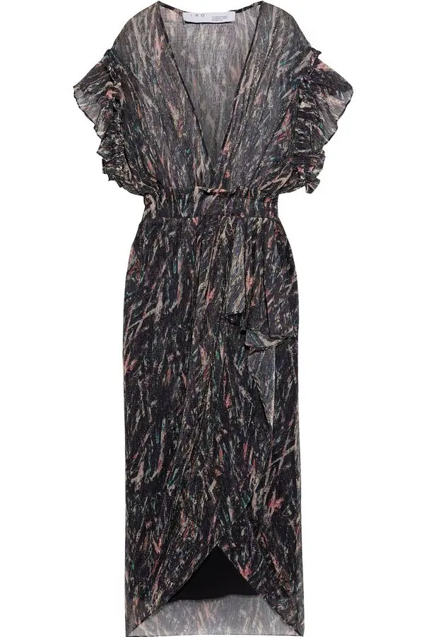 IRO PARIS Gargas Wrap-effect Ruffled Printed Lurex Midi Dress
