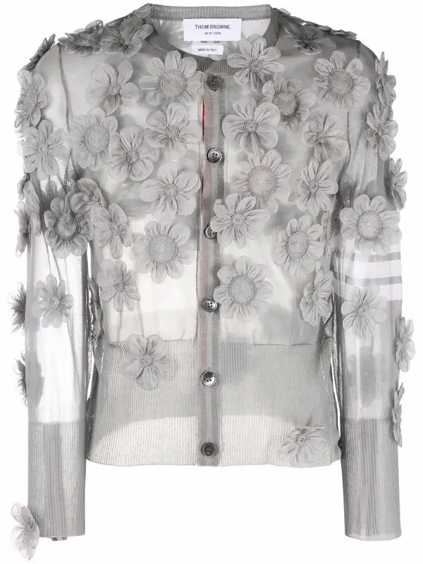 Thom Browne Floral Appliqué Organza Cardigan - Grey