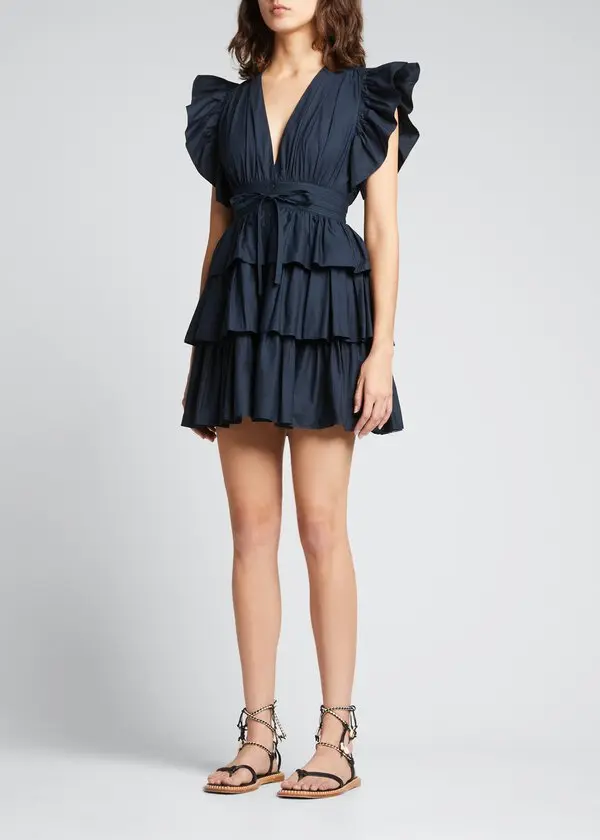 Ulla Johnson Sena Tiered Flutter-Sleeve Dress In Salute 40% Off