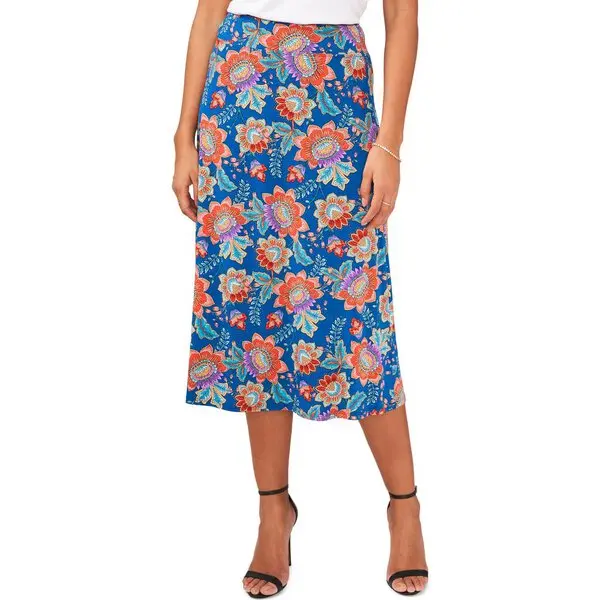 Chaus Floral Print Midi Skirt - Blue/red/multi