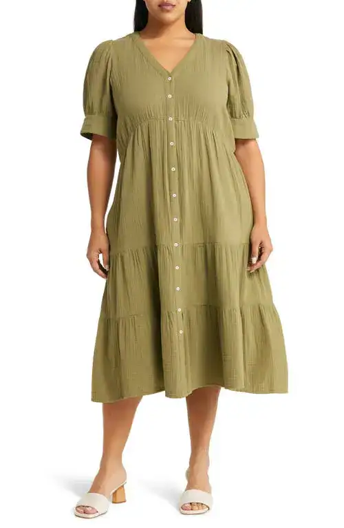 knee length dresses for ladies Button Front Tiered Midi Dress – Charming Charlie main image 1