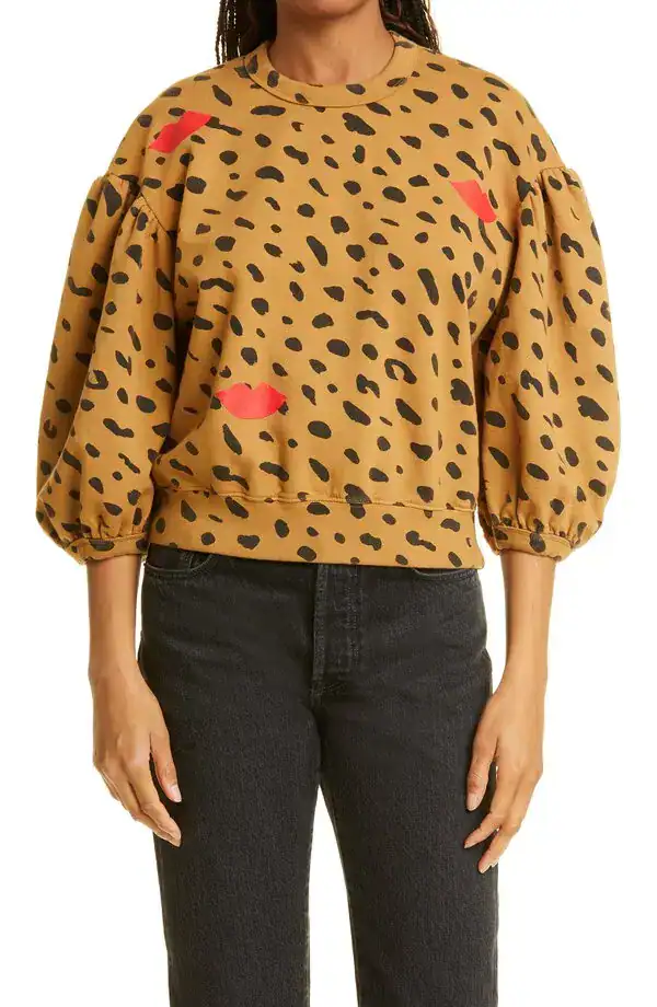 Clare Cheetah Print Puff Sleeve Cotton Sweatshirt Camel W