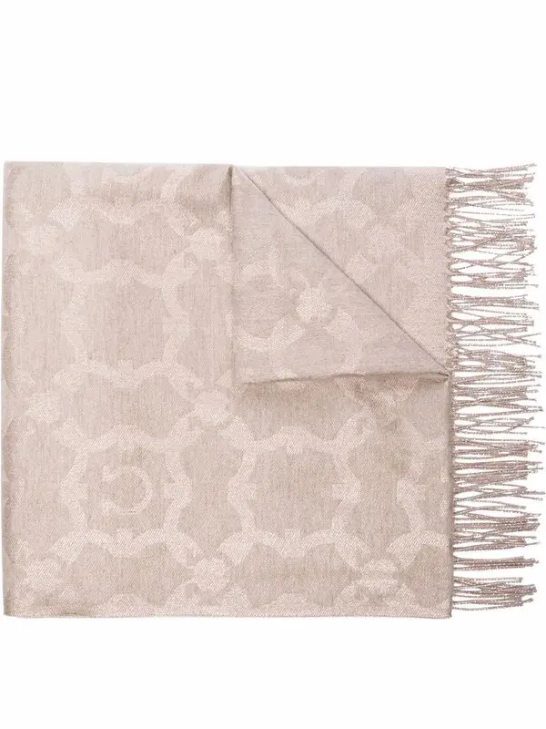 Ferragamo Gancini-Print Lurex Fine-Knit Scarf In Neutrals 50