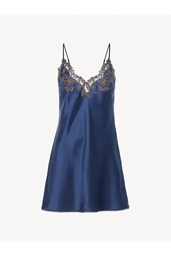 La Perla Silk Slip Dress With Frastaglio Blue Editorialist