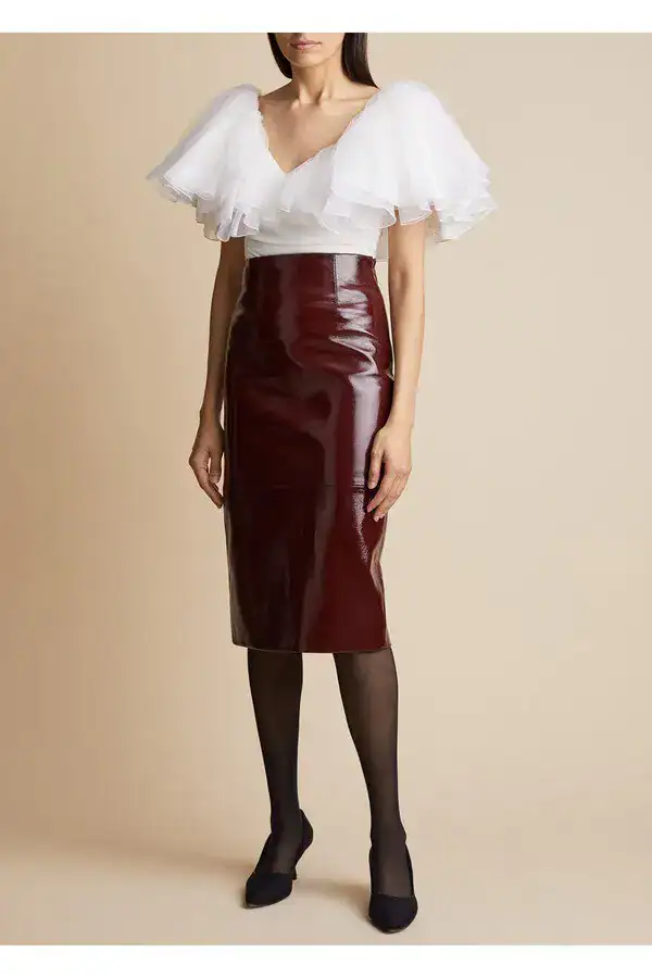 Khaite The May Skirt In Bordeaux Patent Leather In Burgundy 50
