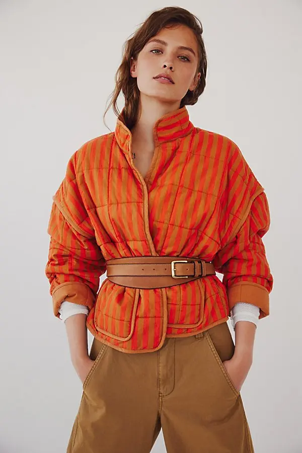 Free People Chloe Quilted Jacket - Brick Red Combo