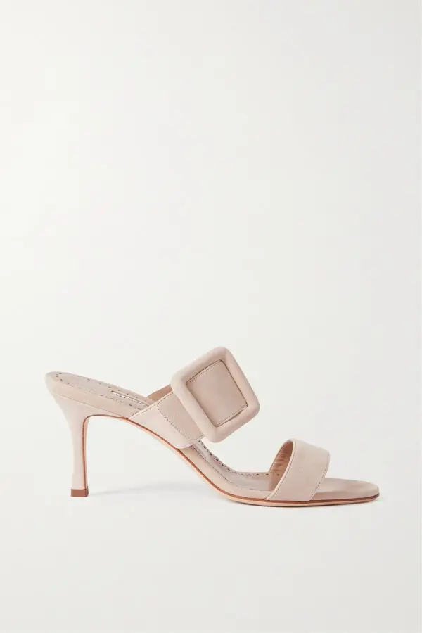 Manolo Blahnik Gable 70 Buckled Suede Mules - Neutrals