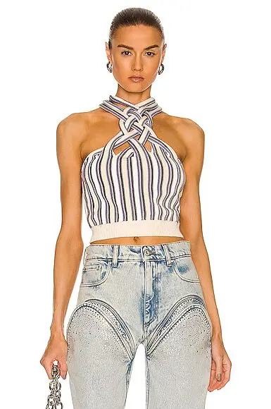 Y/Project Braided Neck Knit Top In Neutral In Blue & Cream - 30 