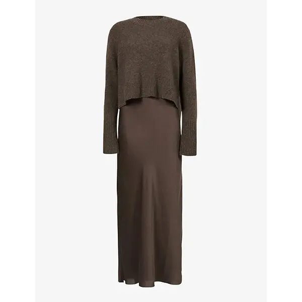 Allsaints Tierny Cleo 2-In-1 Recycled Polyester-Blend Midi Dress And Knitted  Jumper - Coffee Brown | Editorialist