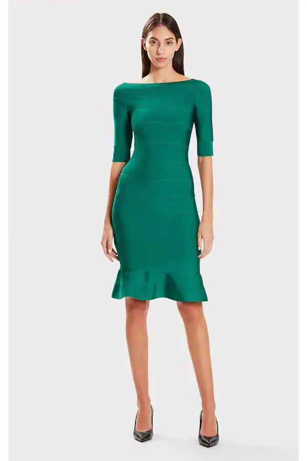 Herve Leger Off-Shoulder Flare Dress In Green - 50% Off | Editorialist