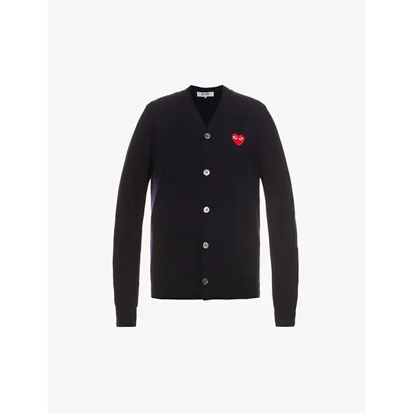 Play Comme Des Garcon Heart-embroidered Wool Cardigan - Navy