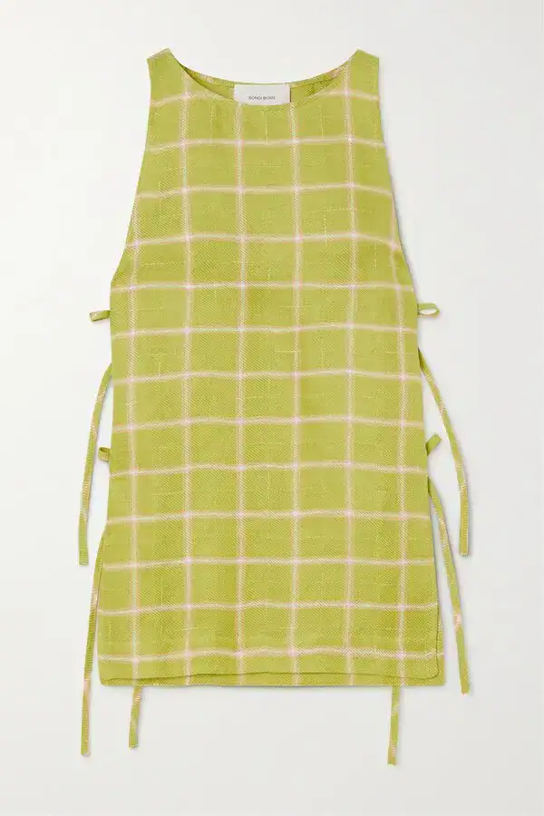 Bondi Born Kauai Checked Linen Mini Dress In Green - 50% Off | Editorialist