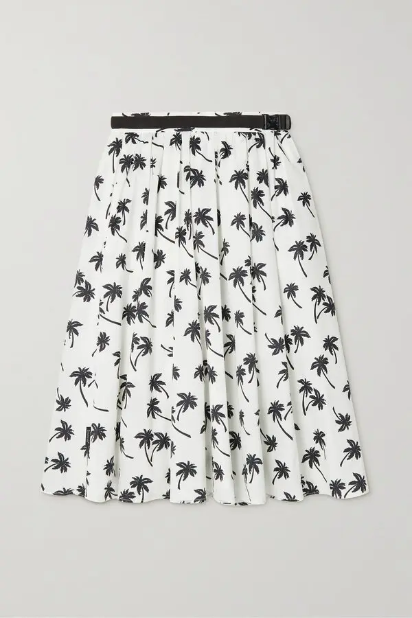 Moncler Belted Pleated Printed Shell Midi Skirt - White