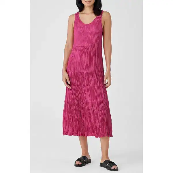 eileen fisher tiered pleated silk midi dress Eileen Fisher Tiered Pleated Silk Midi Dress In Geranium - 70% Off
