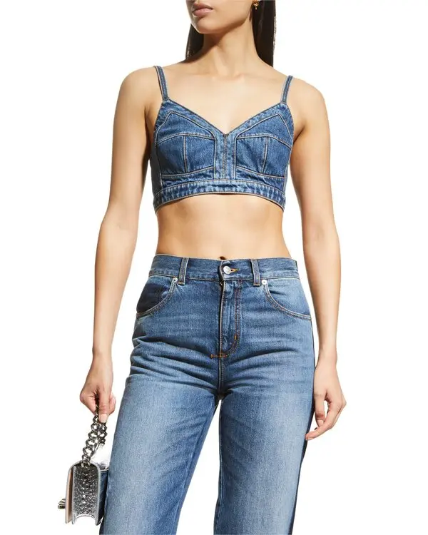 Alexander Mcqueen Denim Bustier Crop Top In Medium Brown 71% Off