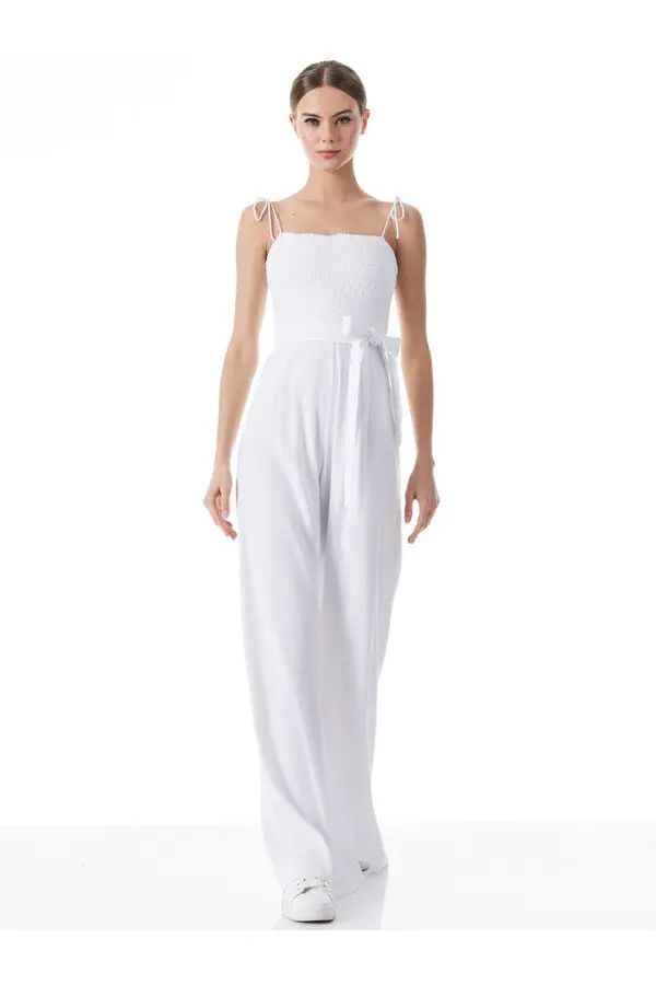 Alice Olivia Bebe Smocked Bustier Tie Strap Jumpsuit In White