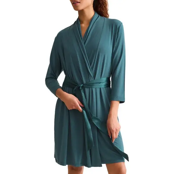 Fleur't Iconic Short Knit Robe With Satin Tie - Evergreen