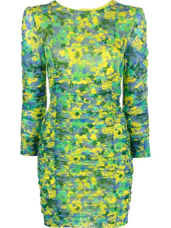 Ganni Floral-Print Ruched Mesh Dress In Green - 50% Off | Editorialist
