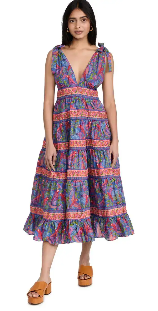 farm rio navy macaw embroidered maxi dress Cream Dotted Macaws Long Sleeve Maxi Dress main image 0
