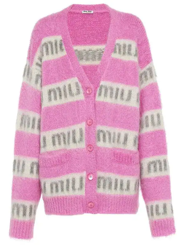 Miu Miu Mohair Intarsia-Logo Cardigan - Pink | Editorialist